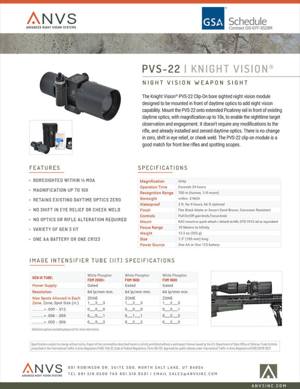 PVS-22 Night Vision Weapon Sight, Clip-on | ANVS Inc.